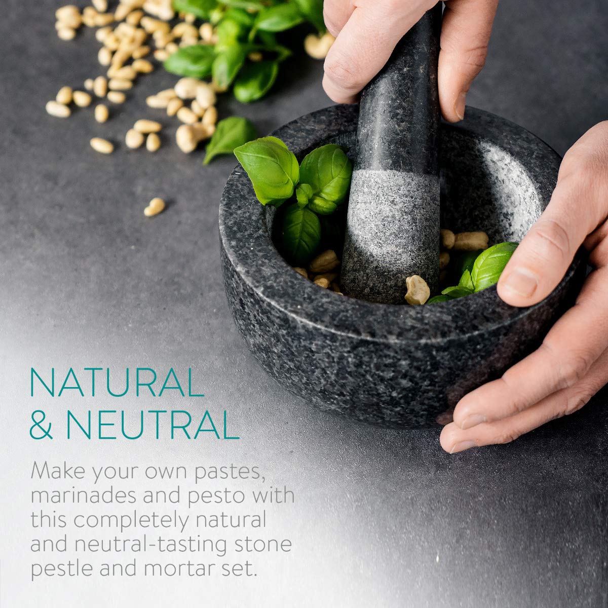 Navaris Mortar and Pestle Set - Large Natural Stone Granite Pestle and Mortar Bowl for Grinding Spice, Garlic, Nuts, Herbs, Pesto - 16cm Diameter