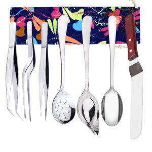 set of 7 culinary specialty tools, professional chef plating decorating kit, stainless steel, tunan cooking tweezers precision tong, saucier decorating spoon, serving slotted spoon, cake icing spatula