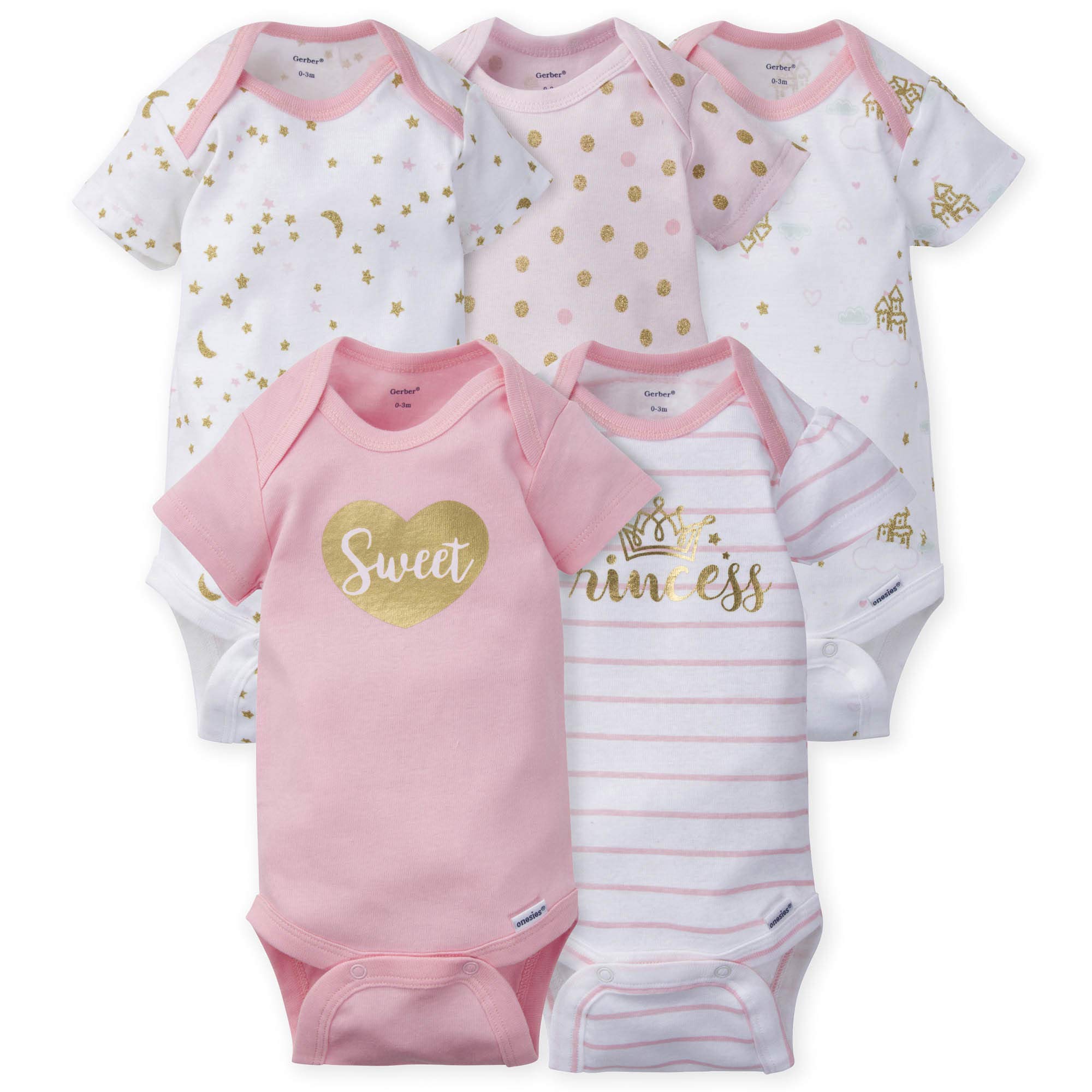 Gerber Baby Girls 5-Pack Short Sleeve Variety Onesies Bodysuits Princess Arrival 3-6 Months