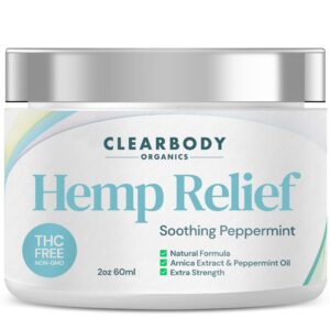 clearbody organics - usa made hemp cream maximum strength - soothe discomfort in your back, muscles, joints, neck, shoulder, knee, nerves - natural peppermint and soothing arnica extract