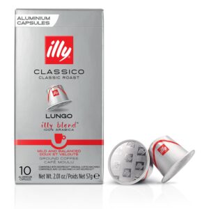 illy espresso compatible capsules - single-serve coffee capsules & pods - classico lungo roast - notes of caramel, orange blossom & jasmine coffee pods - for nespresso coffee machines – 10 count