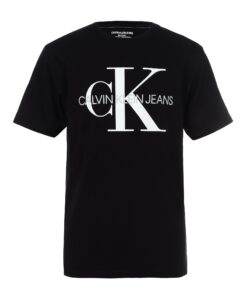 calvin klein boys' short sleeve logo crew neck t-shirt, soft, comfortable, relaxed fit, true black, 14-16