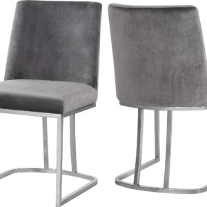 Meridian Furniture Heidi Collection Modern | Contemporary Velvet Upholstered Dining Chair with Polished Chrome Metal Frame, Set of 2, 19" W x 23" D x 32" H, Grey