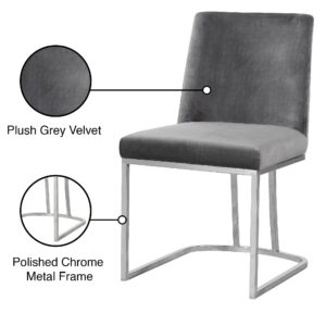 Meridian Furniture Heidi Collection Modern | Contemporary Velvet Upholstered Dining Chair with Polished Chrome Metal Frame, Set of 2, 19" W x 23" D x 32" H, Grey