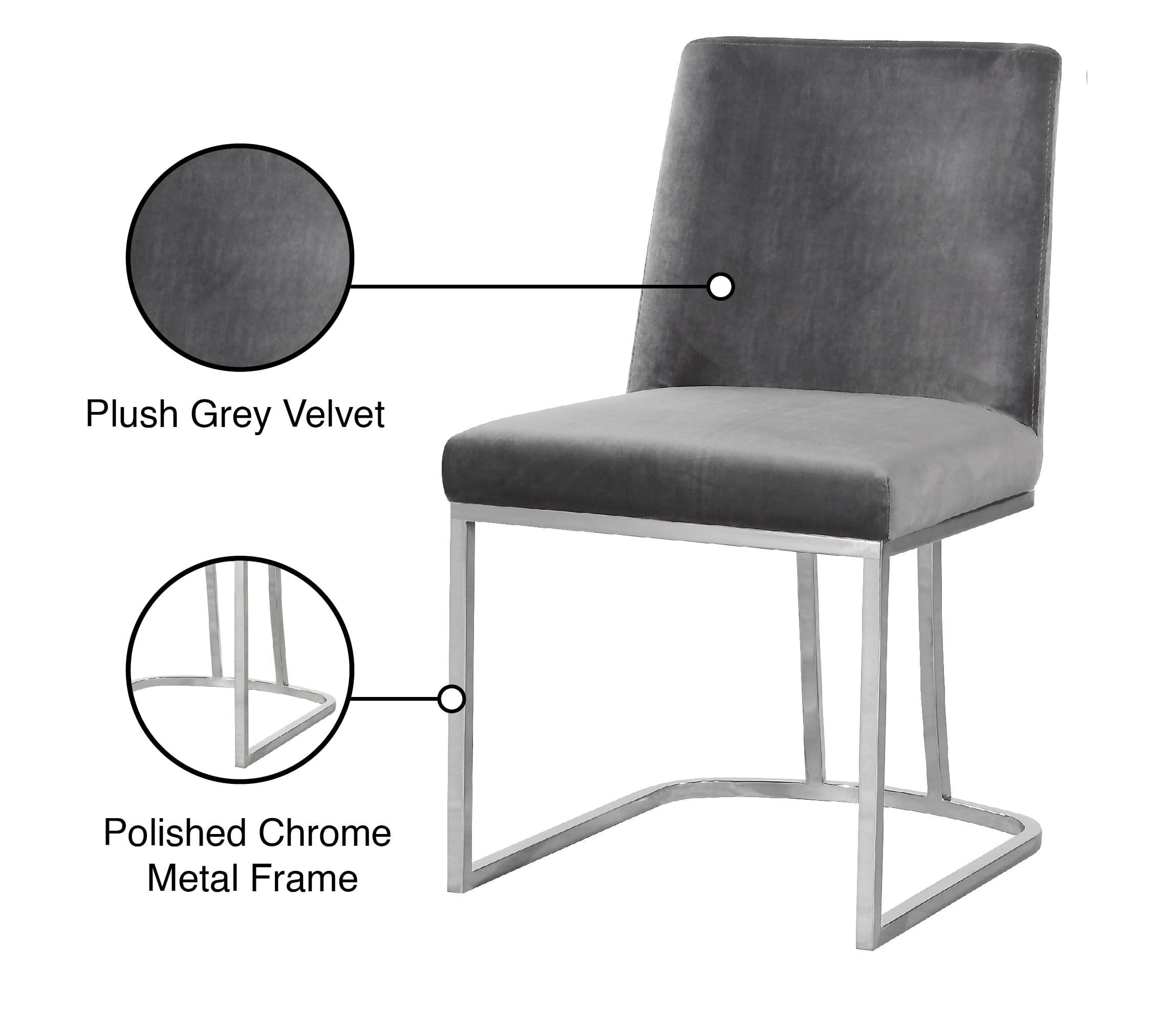 Meridian Furniture Heidi Collection Modern | Contemporary Velvet Upholstered Dining Chair with Polished Chrome Metal Frame, Set of 2, 19" W x 23" D x 32" H, Grey