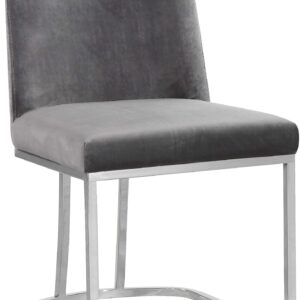 Meridian Furniture Heidi Collection Modern | Contemporary Velvet Upholstered Dining Chair with Polished Chrome Metal Frame, Set of 2, 19" W x 23" D x 32" H, Grey