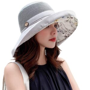 women mesh sun hats summer beach uv protection upf packable wide brim chin strap (grey)