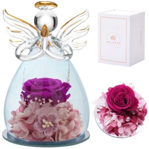 anlunob birthday gifts for women, preserved long-lasting real flowers rose gifts in glass angel figurines, angel rose gift for mom grandma,anniversary wedding christmas, thanksgiving day gift for her