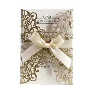 adasbridal 50pcs glitter floral laser cut wedding invitation cards with envelope blank inner sheet and ribbon for wedding engagement bridal shower party invite(7.09 x 4.92inch, gold)