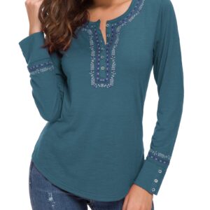 Urban CoCo Women's Long Sleeve Boho Shirt Embroidered Top (L, Ink Blue)