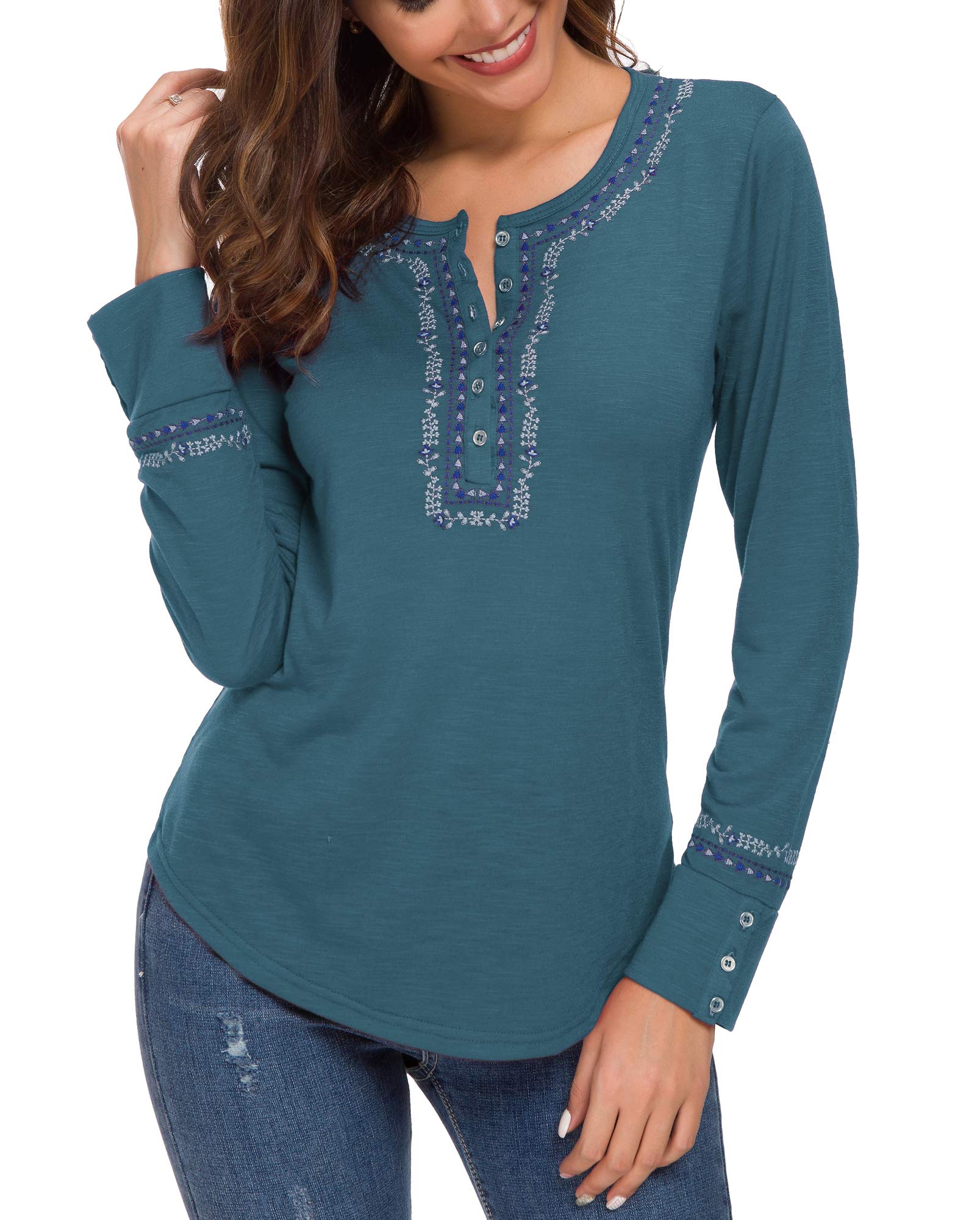 Urban CoCo Women's Long Sleeve Boho Shirt Embroidered Top (L, Ink Blue)