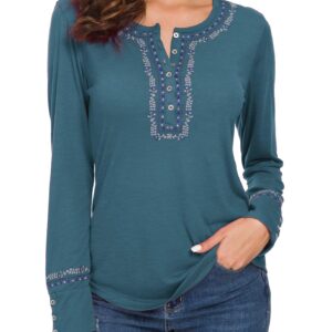 Urban CoCo Women's Long Sleeve Boho Shirt Embroidered Top (L, Ink Blue)