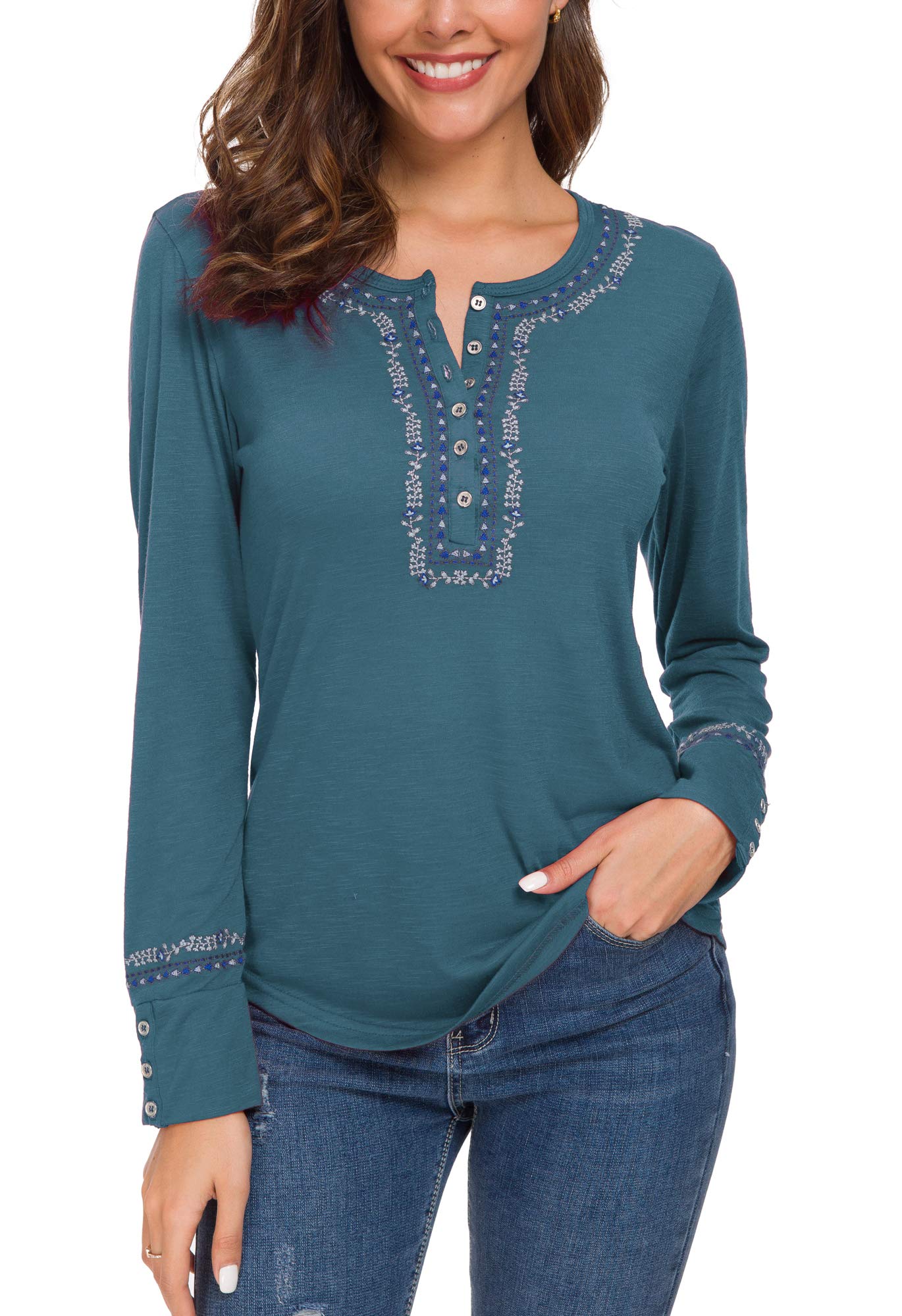 Urban CoCo Women's Long Sleeve Boho Shirt Embroidered Top (L, Ink Blue)