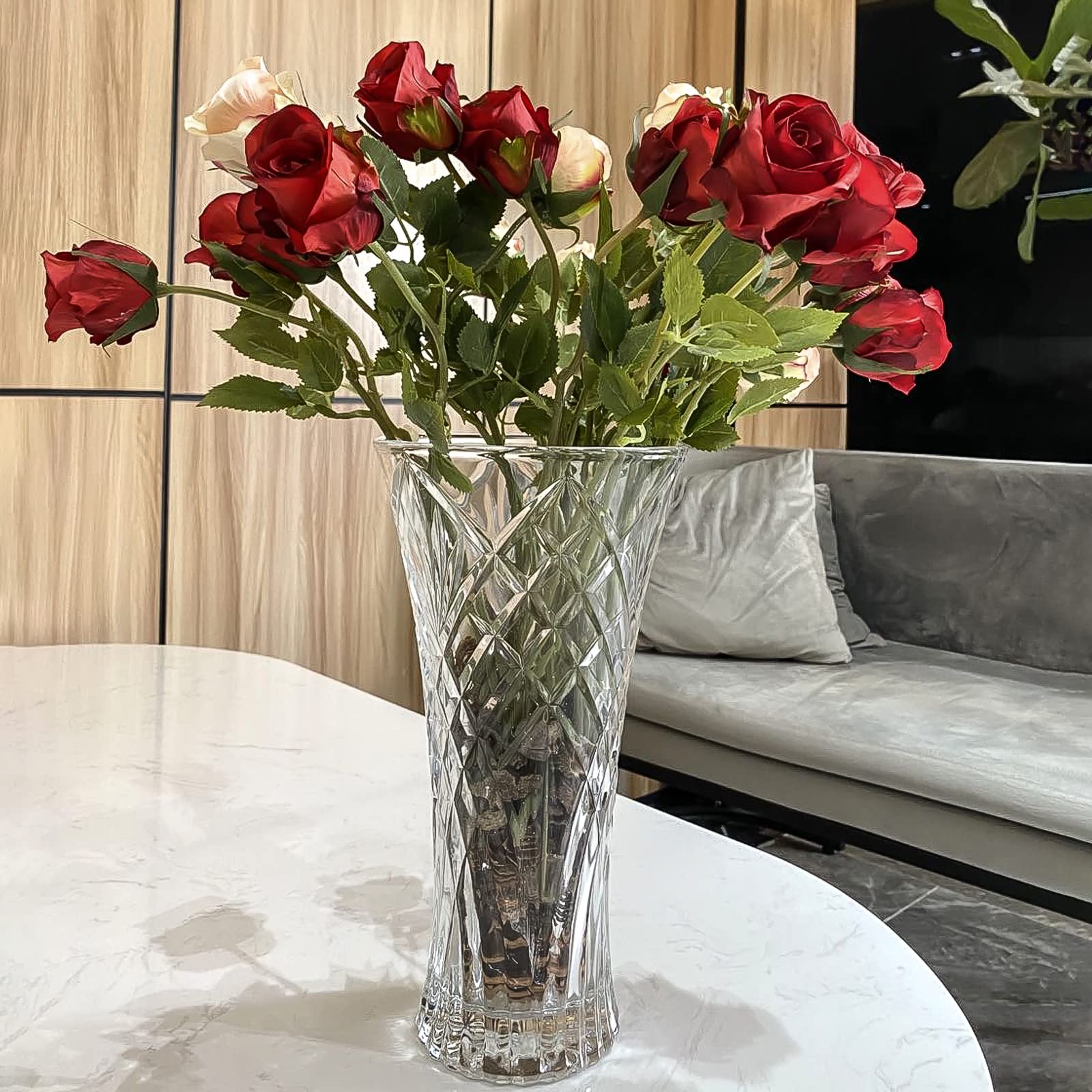 Vase 12" Flower Vases, Tall Crystal Vase, Clear Lead-Free Glass Vase for Flowers, Large Glass Vases for Living Room, Dining Table Centerpieces Decor