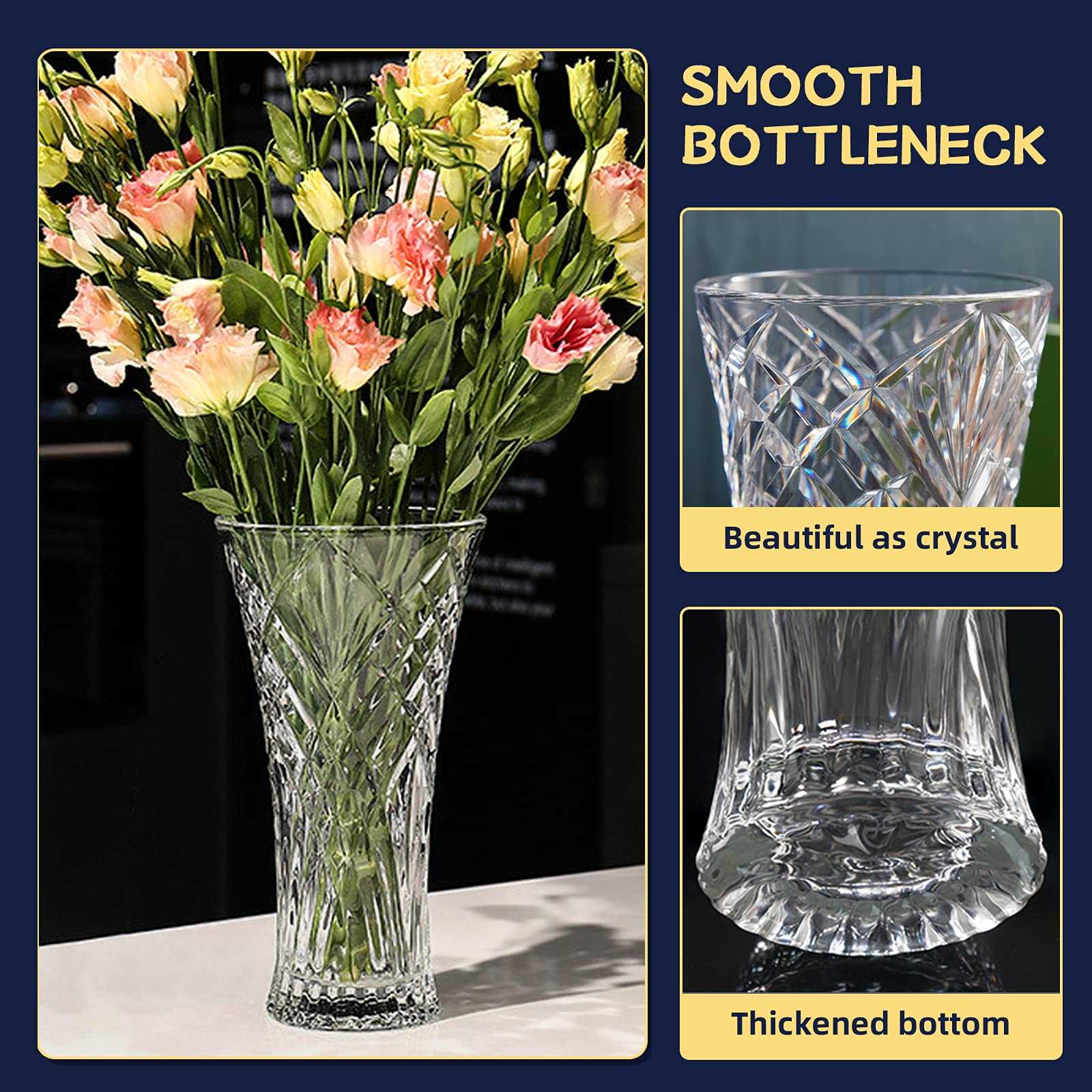 Vase 12" Flower Vases, Tall Crystal Vase, Clear Lead-Free Glass Vase for Flowers, Large Glass Vases for Living Room, Dining Table Centerpieces Decor