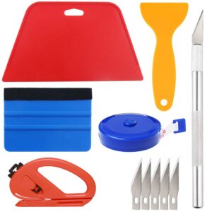 wallpaper smoothing tool kit include red squeegee,medium-hardness squeegee, blue tape measure,snitty vinyl cutter and craft knife with 5 replacement blades for adhesive contact paper application win