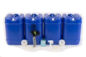 emergency water storage 5 gallon water tank - 20 gallons (4 tanks) - 5 gallons each w/lids + spigot & water treatment - food grade, portable, stackable, easy fill - survival supply water container