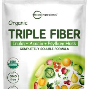 Organic Soluble Prebiotics Fiber Supplement (Inulin, Acacia, Psyllium Husk), 2 Pounds, 3 in 1 Fiber Formula, Daily Fiber, Unflavored, for Digestive Health, Hunger Control, Vegan