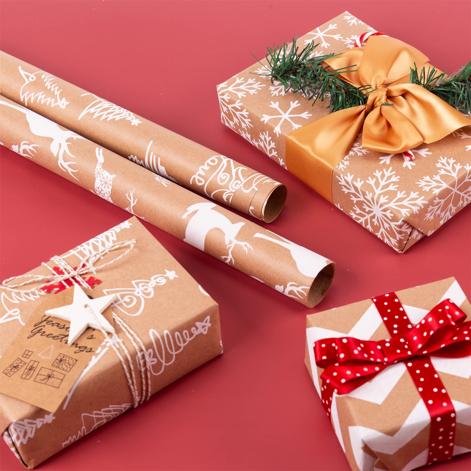 RUSPEPA Christmas Wrapping paper - Brown Kraft Paper with 3D White Christmas Elements Print Paper - 4 Roll-30Inch X 10Feet Per Roll