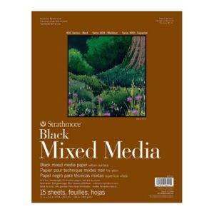 strathmore 400 series mixed media paper, black, glue bound pad, 11x14 inches, 15 sheets (184lb/300g) - artist paper for adults and students - watercolor, gouache, graphite, ink, pencil, marker