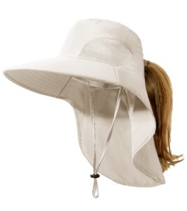 camptrace wide brim upf 50+ uv protection sun hats hiking fishing gardening hats with large neck flap for womens mens nylon, beige