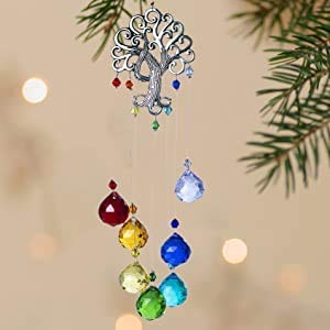 H&D HYALINE & DORA Crystal Glass Suncatcher Chakra Colors Ball Prism Tree of Life Window Hanging Ornament Rainbow Suncatcher