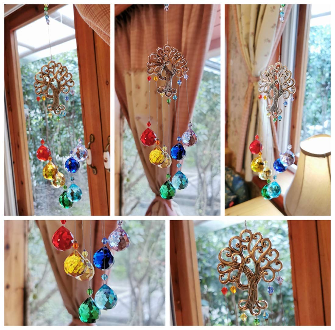 H&D HYALINE & DORA Crystal Glass Suncatcher Chakra Colors Ball Prism Tree of Life Window Hanging Ornament Rainbow Suncatcher