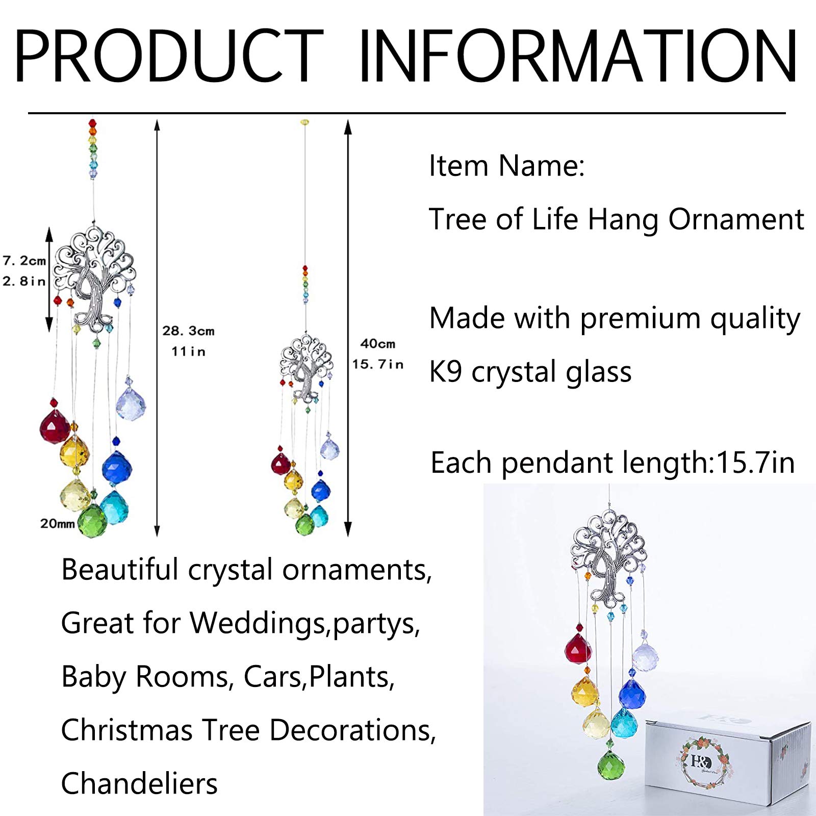 H&D HYALINE & DORA Crystal Glass Suncatcher Chakra Colors Ball Prism Tree of Life Window Hanging Ornament Rainbow Suncatcher