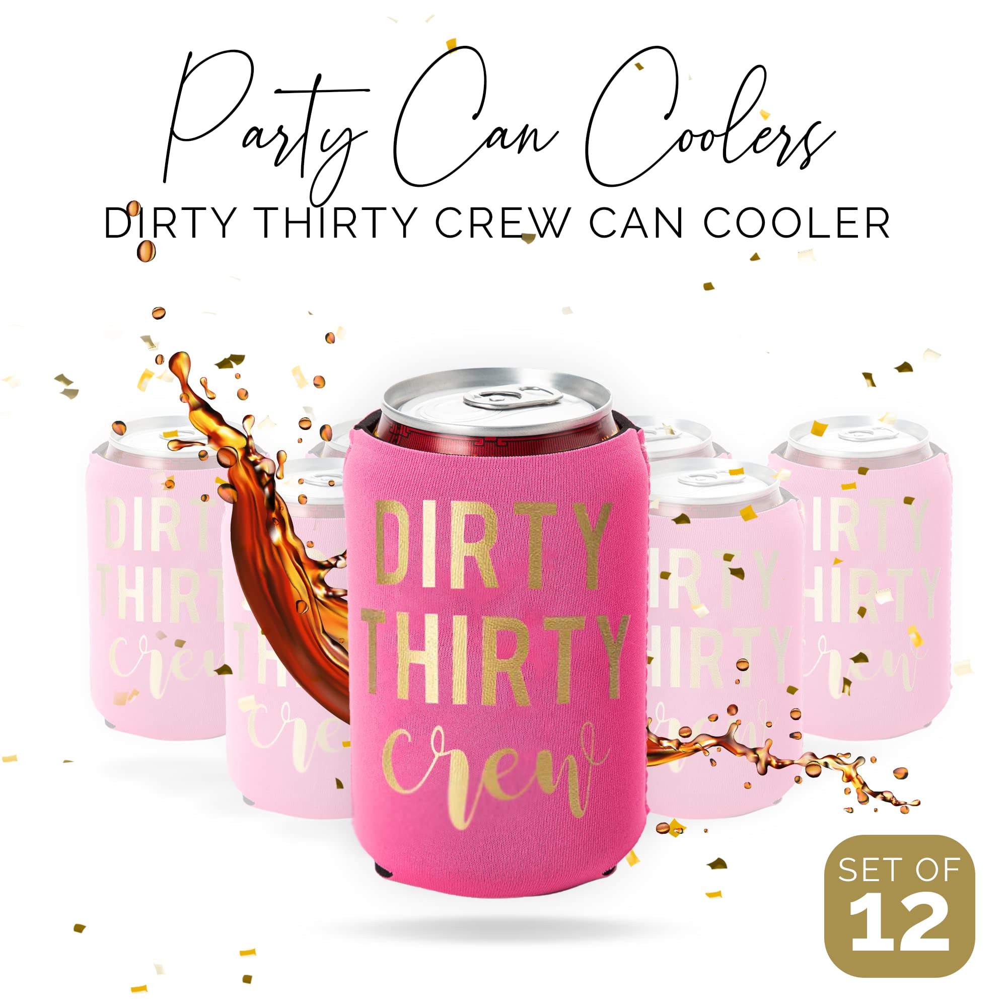 Dirty Thirty Crew Can Coolers, 30th Birthday Party Coolies, Set of 12, Black/White and Gold Thirtieth Birthday Cup Coolers, Perfect for Birthday Parties, Birthday Decorations