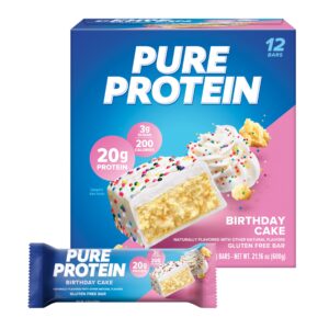 pure protein bars, high protein, nutritious snacks to support energy, low sugar, gluten free, birthday cake, 1.76 oz, pack of 12 (packaging may vary)