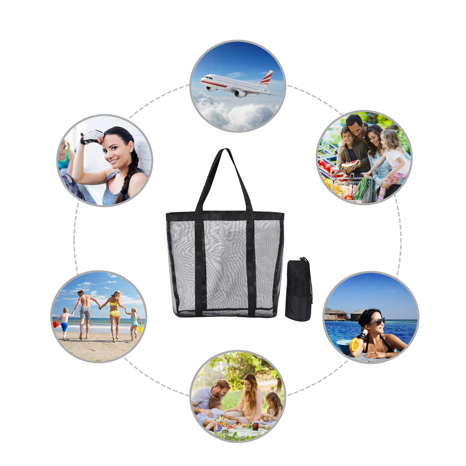 sphaiya Mesh Beach Bag - Durable Tote Bag- Simply lightweight for Shopping Groceries Sports Gym Swimming Pool Travel Tote Bag (Black, X-Large)