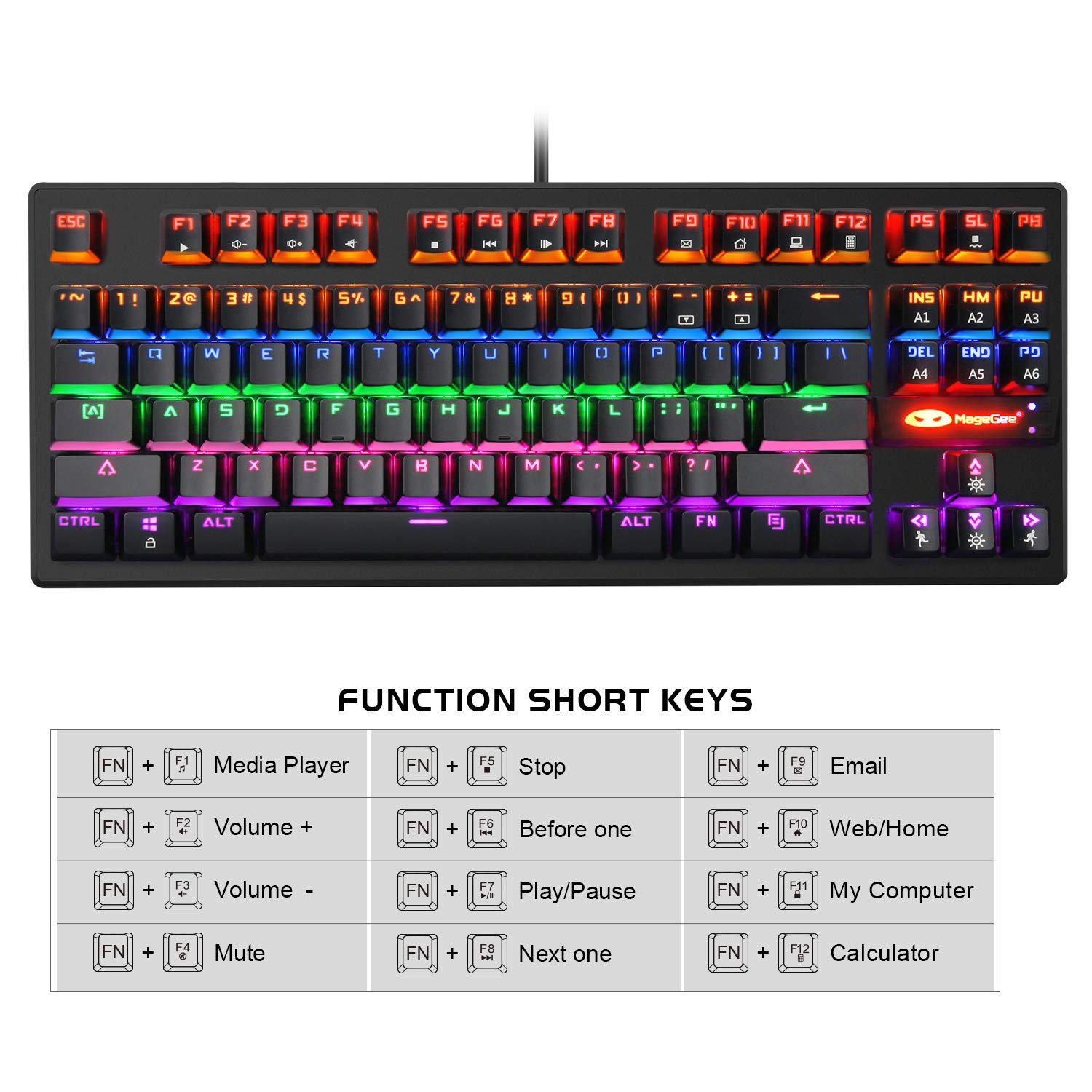 MageGee Mechanical Gaming Keyboard 87 Keys with RGB LED Backlit - Wired USB Computer Keyboard with Blue Switches, 100% Anti-Ghosting, Metal Construction, Water Resistant for Windows PC Laptop