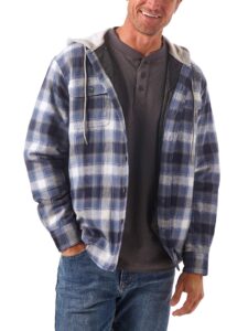 wrangler authentics men's long sleeve quilted lined flannel shirt jacket with hood, blue/black, large