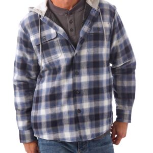 Wrangler Authentics Men's Long Sleeve Quilted Lined Flannel Shirt Jacket with Hood, Blue/Black, Large