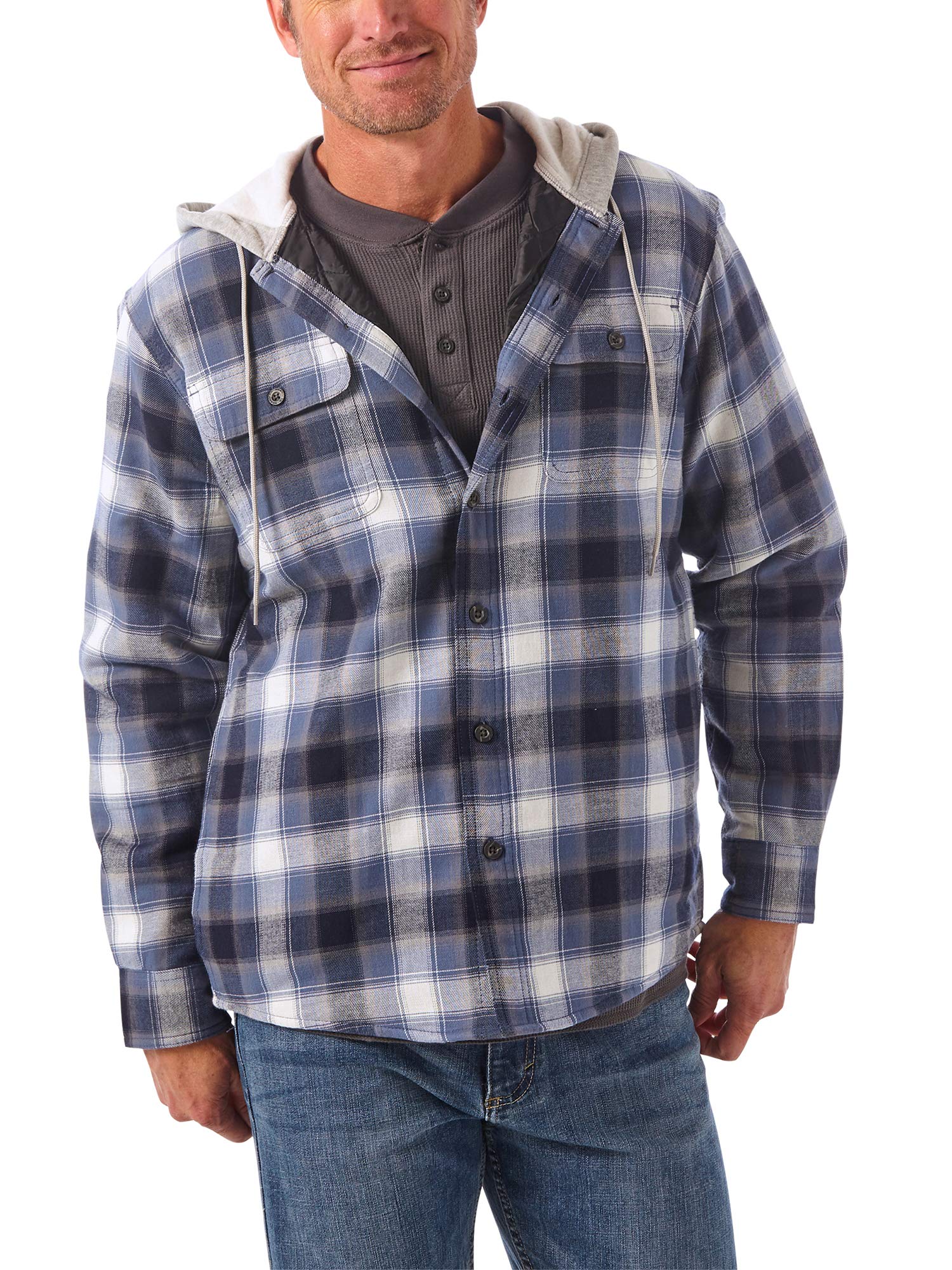 Wrangler Authentics Men's Long Sleeve Quilted Lined Flannel Shirt Jacket with Hood, Blue/Black, Large