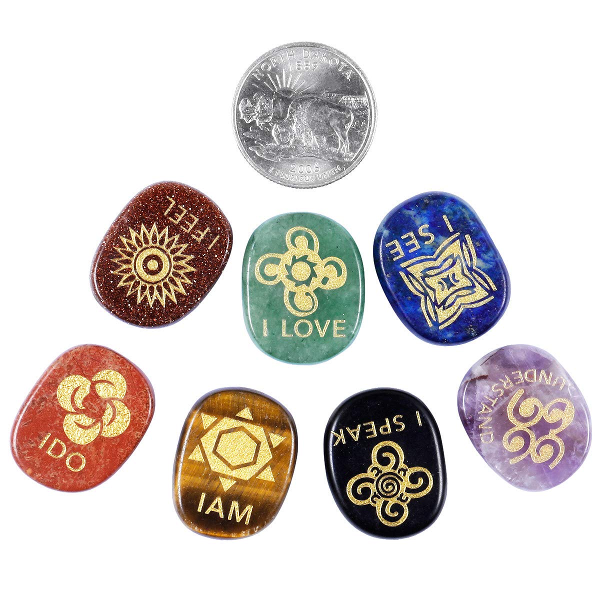 mookaitedecor 7 Piece Chakra Stones Engraved English Symbols Polished Palm Stones for Reiki Crystal Healing