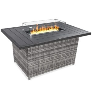 best choice products 52in 50,000 btu outdoor wicker patio propane gas fire pit table w/aluminum tabletop, glass wind guard, clear glass rocks, cover, slide out tank holder, and lid - gray