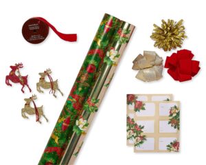 papyrus vintage christmas wrapping paper set, holiday traditions (2 rolls 40 sq. ft., 3 bows, 1 ribbon, 3 gift tags, 12 labels)