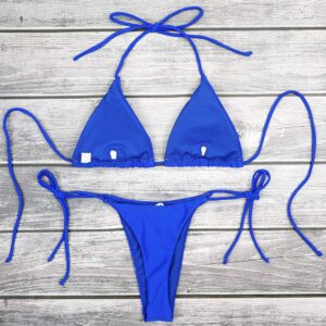 Tainehs Women's Sexy Halter Thong Bikini Tie Two Sides Bottom Triangle Bikini Swimsuits Blue