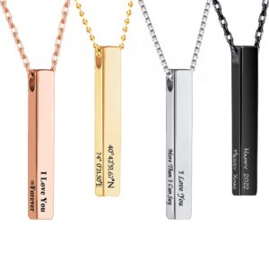 personalized 4 sided vertical bar necklace custom text engraved 3d bar pendant stainless steel coordinate jewelry for couples