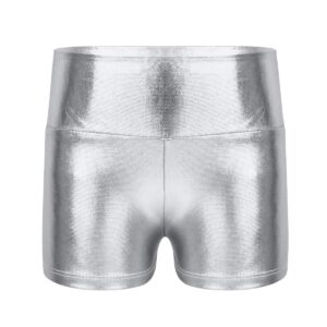 msemis kids girls stretch metallic booty shorts for gymnastics dance sports bottoms swimming hot pants high waisted silver 10