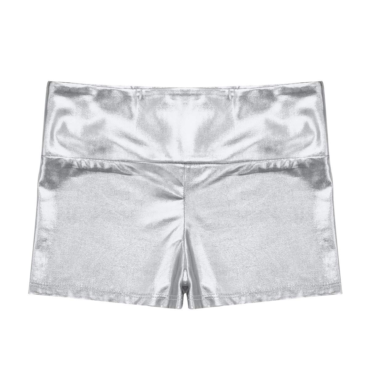 MSemis Kids Girls Stretch Metallic Booty Shorts for Gymnastics Dance Sports Bottoms Swimming Hot Pants High Waisted Silver 10