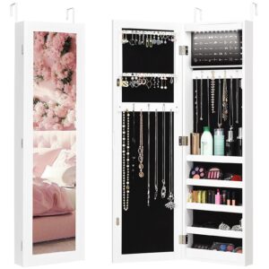 giantex 12 leds jewelry armoire wall door mounted, jewelry cabinet organizer with full-length mirror, ring earring slots necklace hooks and 5 storage shelves, large storage capacity