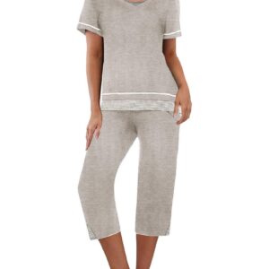 Ekouaer Capri Pajama Sets for Women Capri Pants with Short Tops Sleepwear Ladies Sleep Sets Short Sleeve Pjs Sets Soft Two Piece Loungewear Sets Light Grey