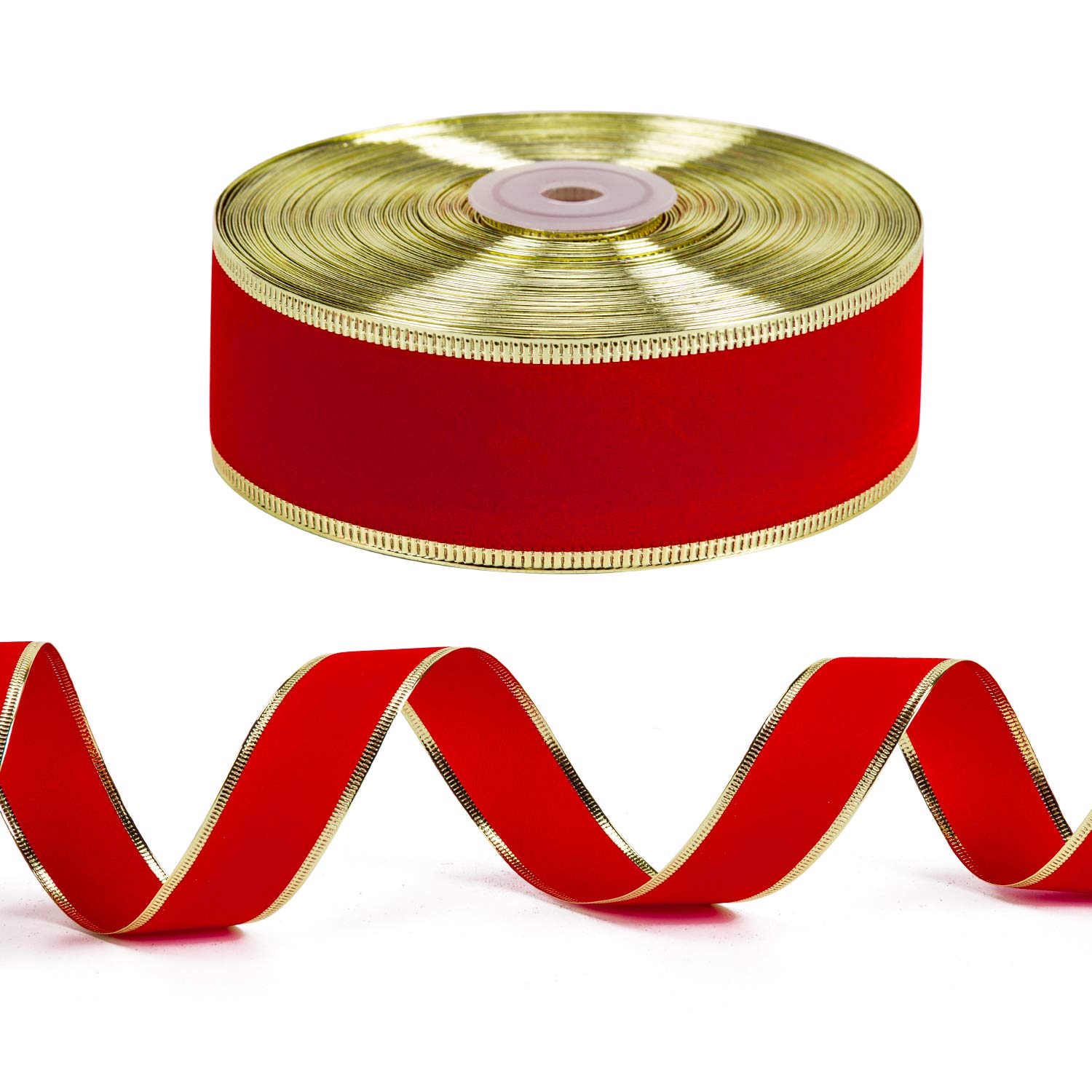 LaRibbons Wired Christmas Holiday Ribbon - Red with Gold Edges Velvet Ribbon - 1.5 inch x 25 Yard Each Roll