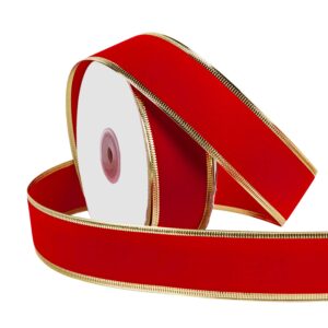 LaRibbons Wired Christmas Holiday Ribbon - Red with Gold Edges Velvet Ribbon - 1.5 inch x 25 Yard Each Roll