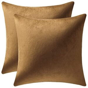 dezene throw pillow cases 18x18 golden brown: 2 pack cozy soft velvet square decorative pillow covers for farmhouse home decor