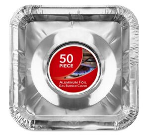 disposable gas burner liners (50 pack) aluminum foil square gas stove burner covers - 8.5 inch gas range protector, stove top covers for gas burners, foil liners to catch oil, grease, and food spills