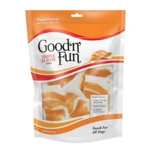 good'n'fun triple flavor chips, dog chew treats, premium chicken and beef hide treats for dogs, 4 oz