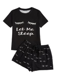 wdirara women's cute cartoon print closed eyes print tee and shorts pajama set black m